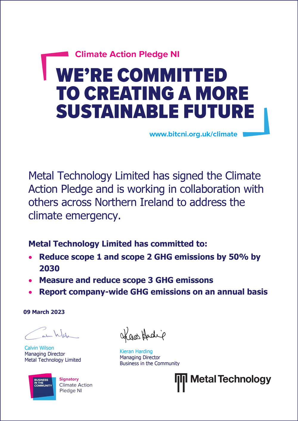 Metal Technology Ltd have signed the Business in the Community Climate ...